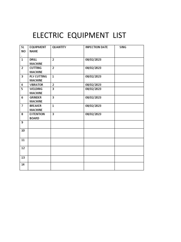 Electric Equipment List | PDF