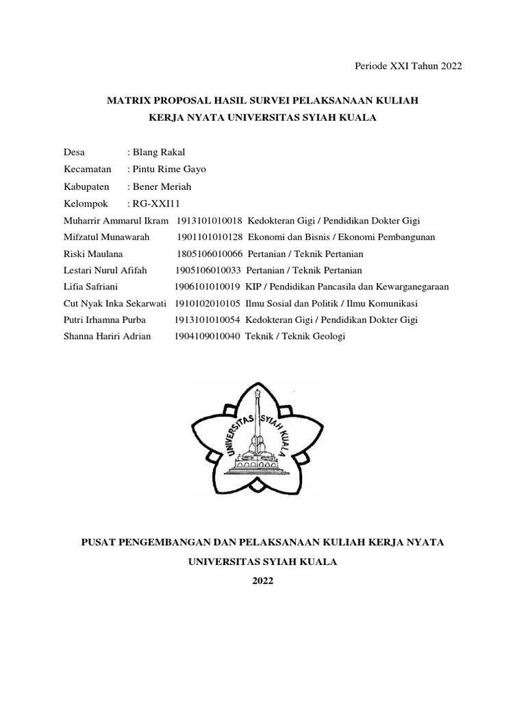 Matriks Kerja KKN KLP XXI-11 - Desa Blang Rakal (TERBARU) | PDF