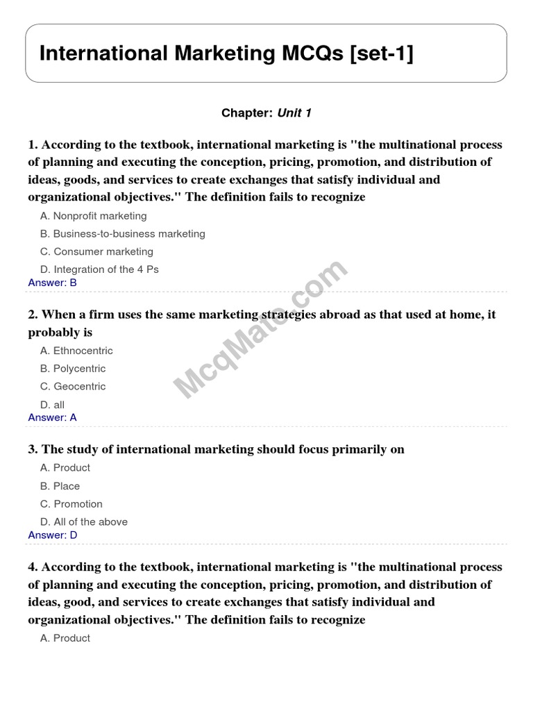 International Marketing MCQs Set 1 | PDF | Marketing | Market (Economics)