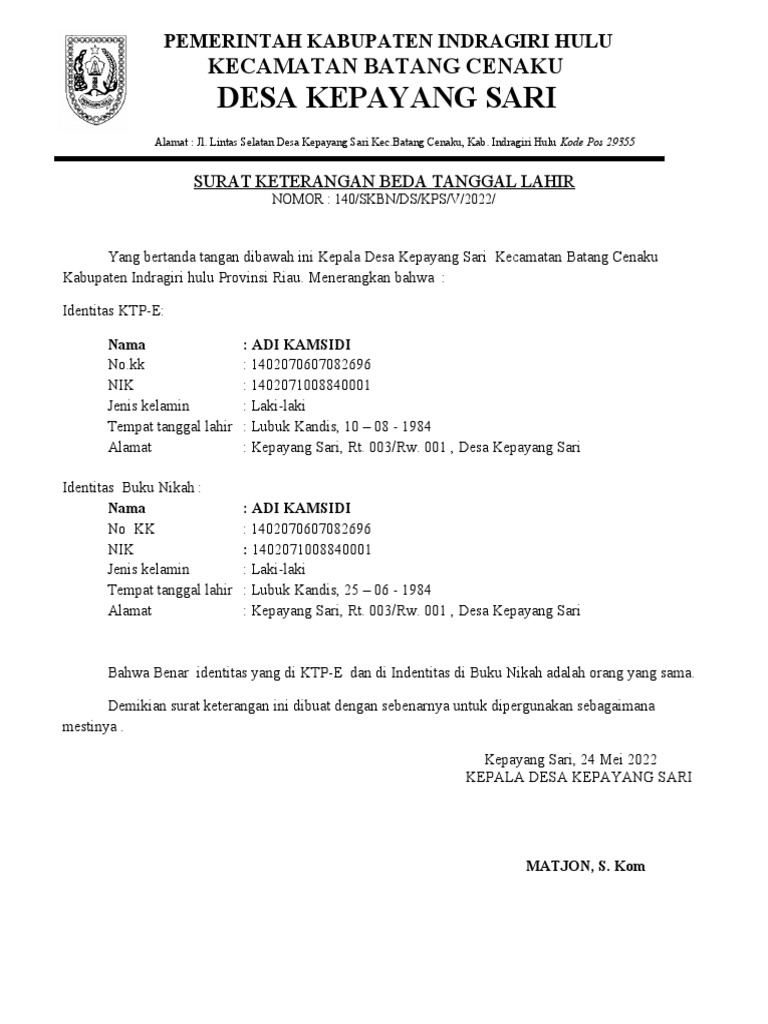 Surat Keterangan Beda Nama | PDF