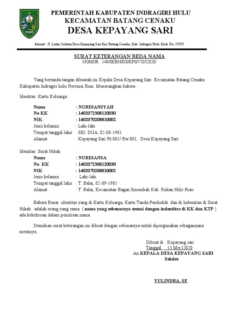 Surat Keterangan Beda Nama | PDF