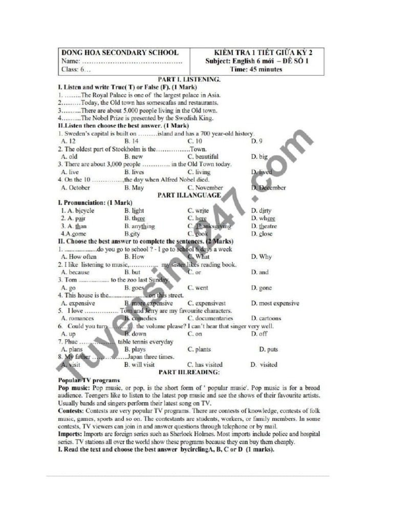 De Thi Tieng Anh Lop 6 Giua HK 2 Thcs Dong Hoa | PDF