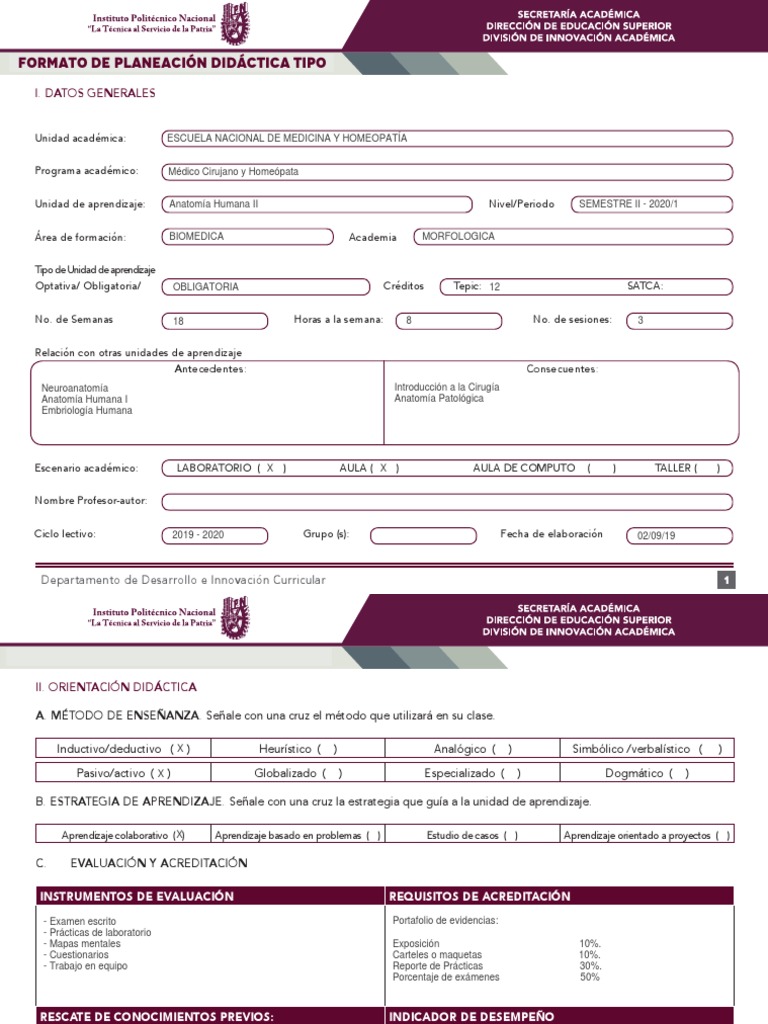 Planeacion Anatomía Humana II 1F56 | PDF | Evaluación | Maestros