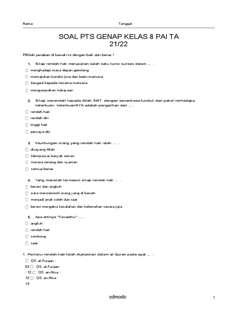 Soal Pts Genap Kelas 8 Pai Ta 21 - 22 | PDF