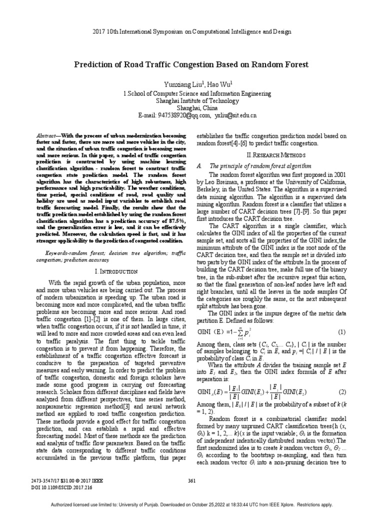 Prediction of Road Traffic Congestion Based On Random Forest | PDF ...
