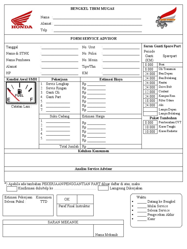 Form Sa Bengkel TBSM Mugas | PDF