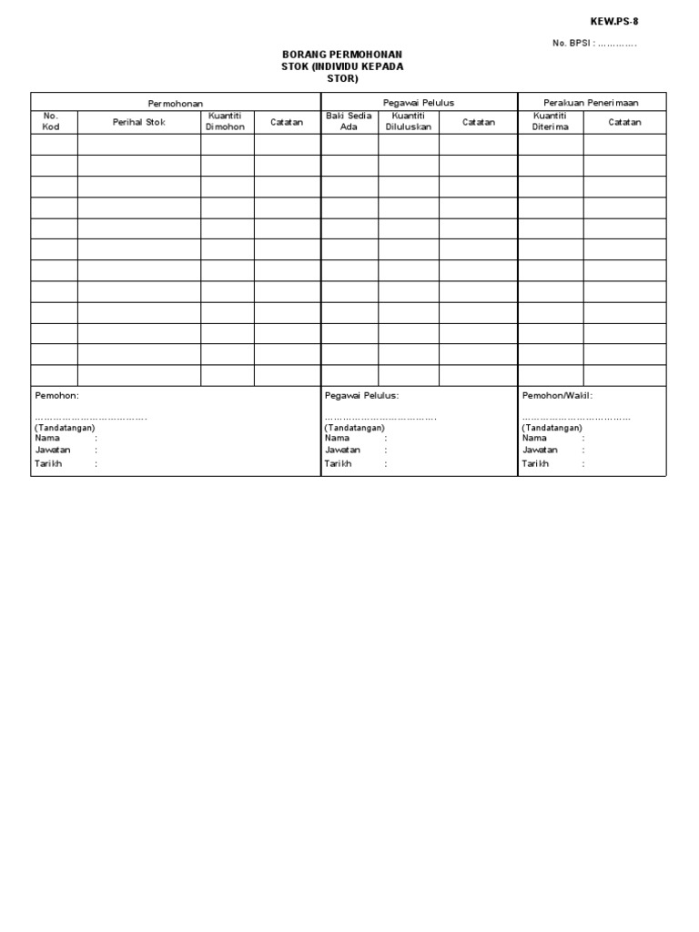 Kew - PS 8 Borang Permohonan Stok Individu Kepada Stor | PDF