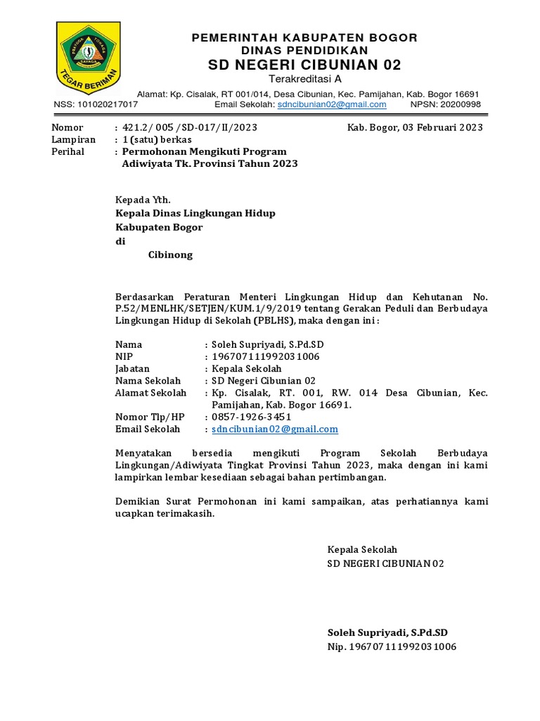 Surat Permohonan Mengikuti Program Adiwiyata TK Provinsi Tahun 2023 | PDF