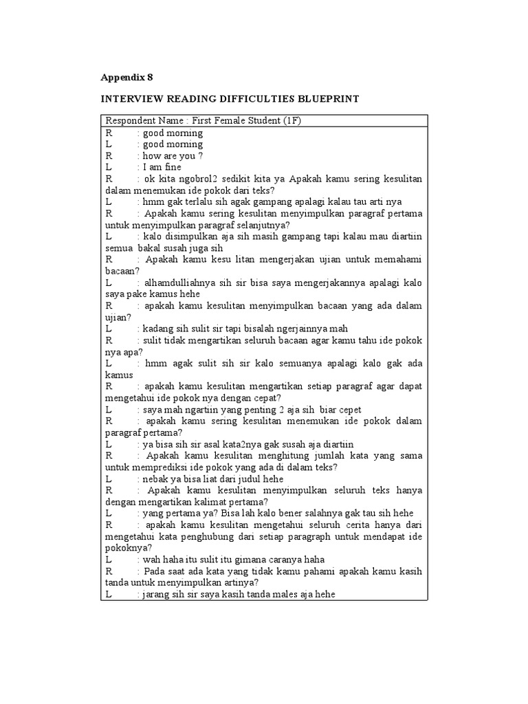 Appendix 8 Interview (Result of Reading Difficulties) | PDF