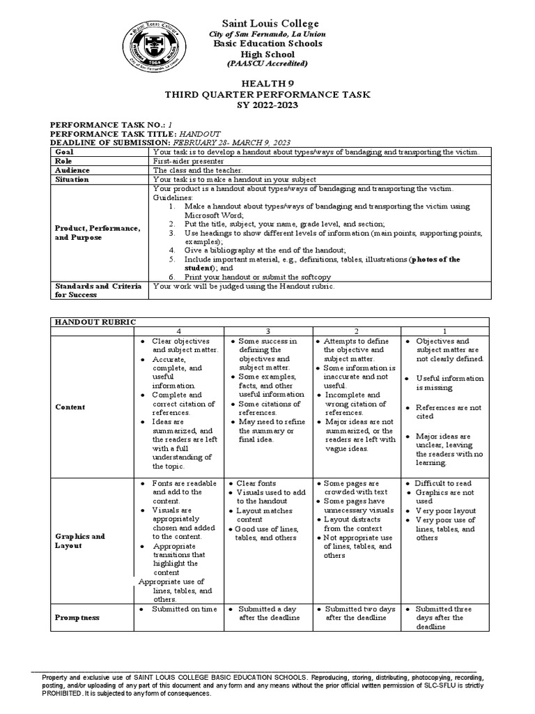 Health 9 Third Quarter Performance Task | PDF | Rubric (Academic ...