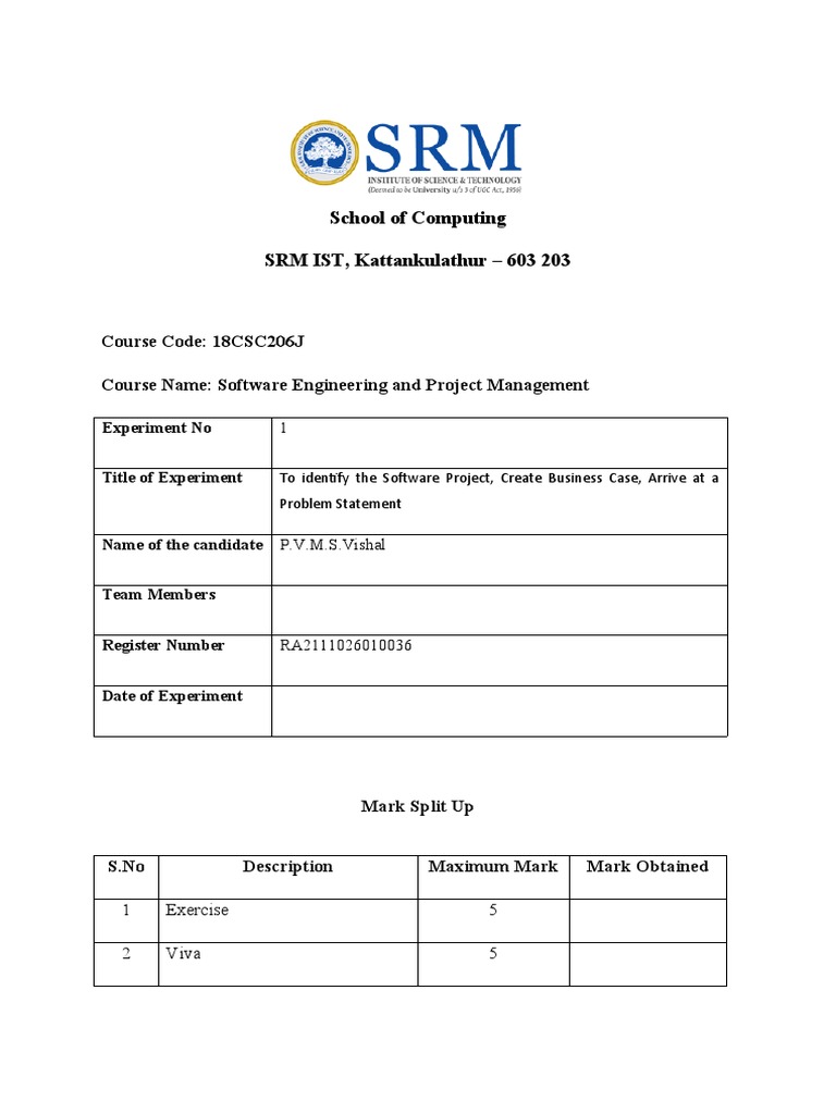 18CSC206J SEPM - Ex 1 | PDF | Business