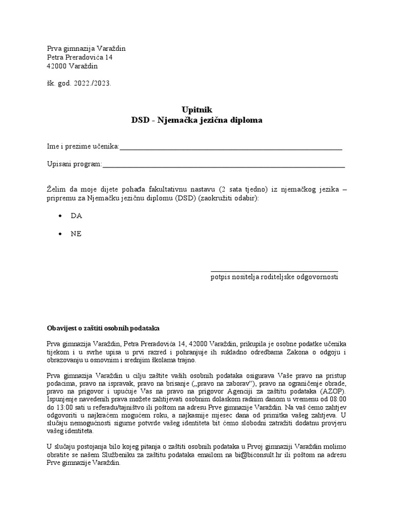 Upitnik Za DSD Sk. God. 2022-23 | PDF