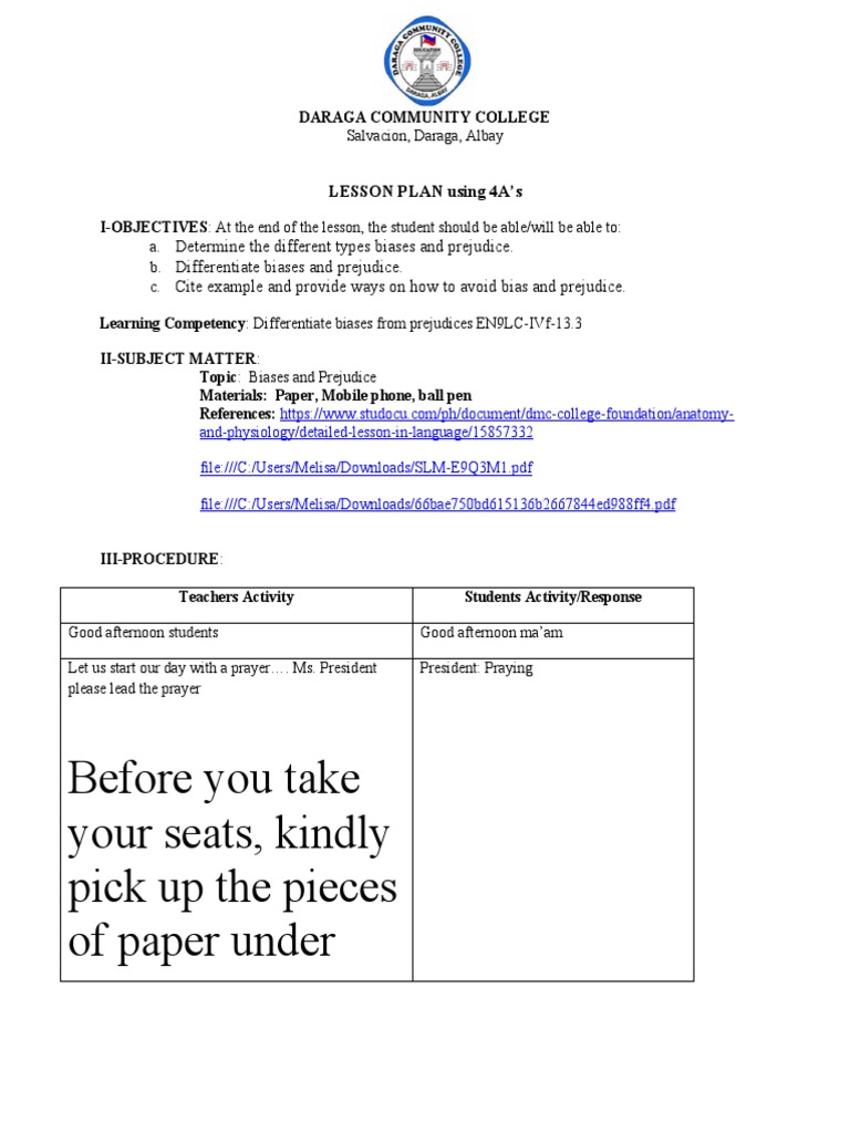Daraga Community College Lesson Plan on Biases and Prejudice | PDF | Bias | Prejudices