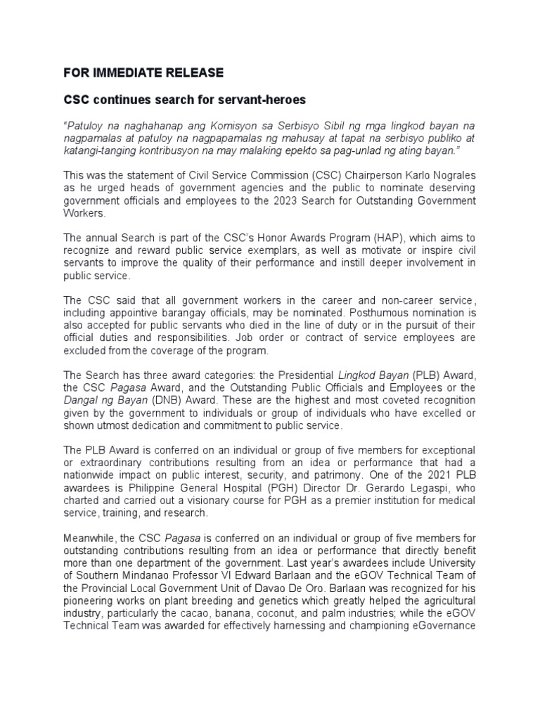 PR - CSC Continues Search For Servant-Heroes | PDF