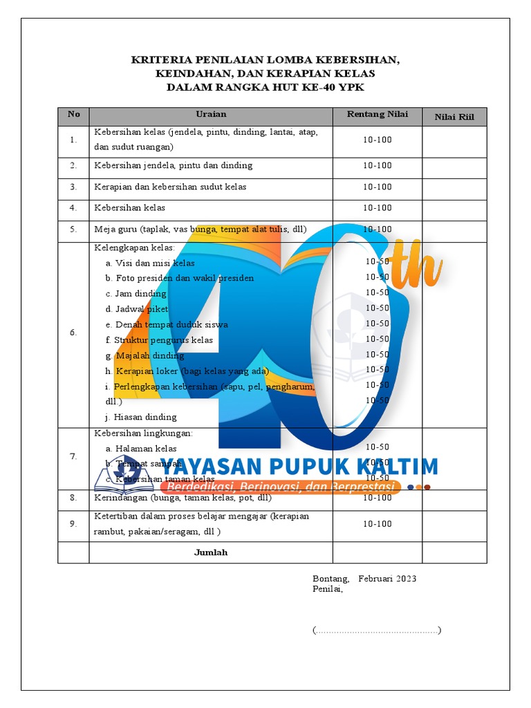 Kriteria Penilaian Kebersihan dan Ketertiban Kelas | PDF Kriteria Penilaian Kebersihan dan Ketertiban Kelas | PDF