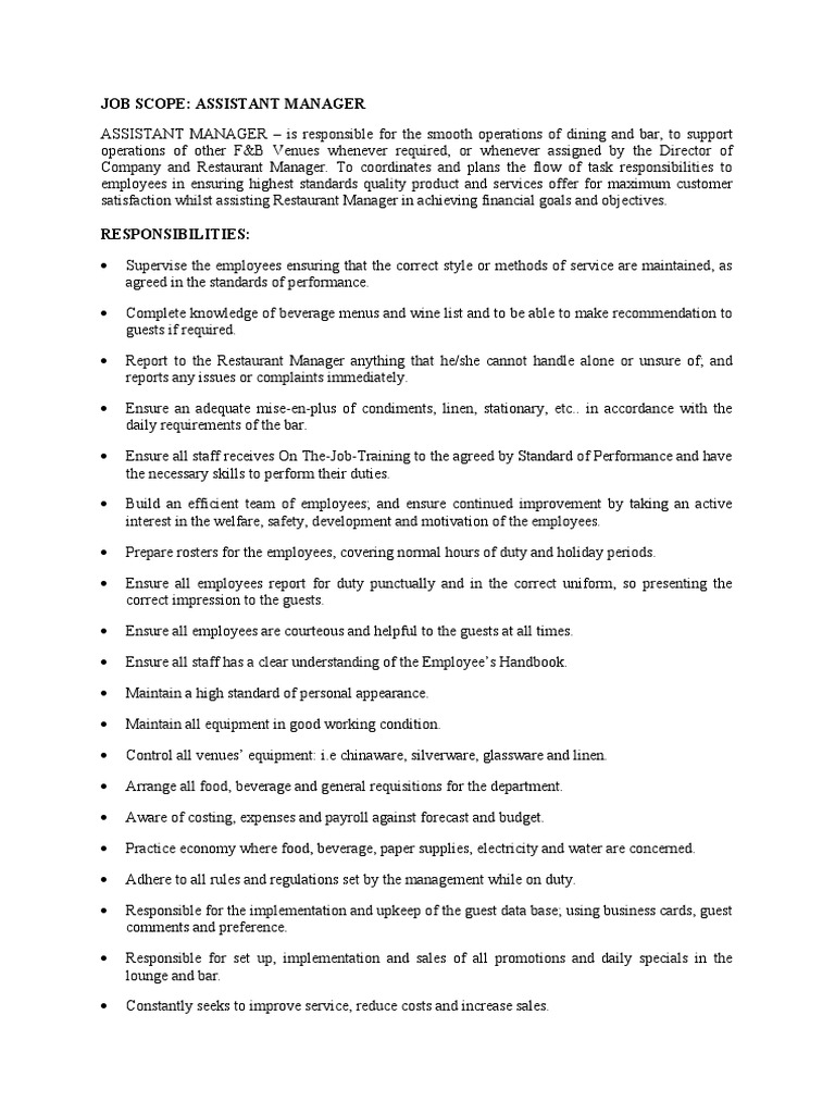 Assistant Manager Responsibilities in F&B | PDF | Restaurants | Business