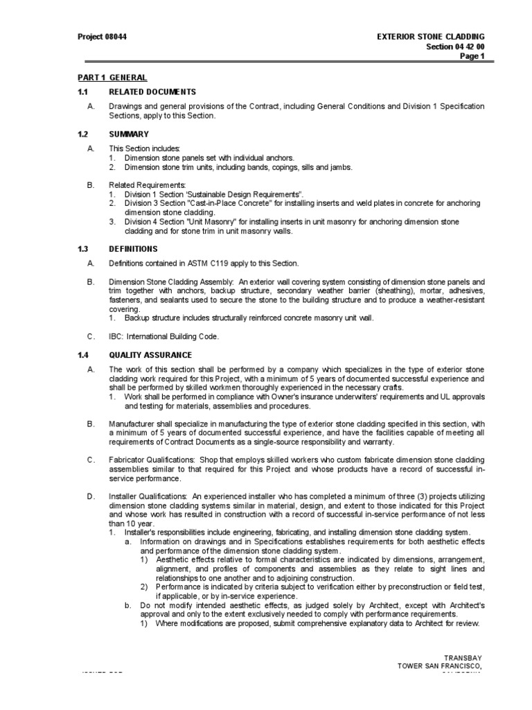 04 42 00 - Exterior Stone Cladding | PDF | Concrete | Cement