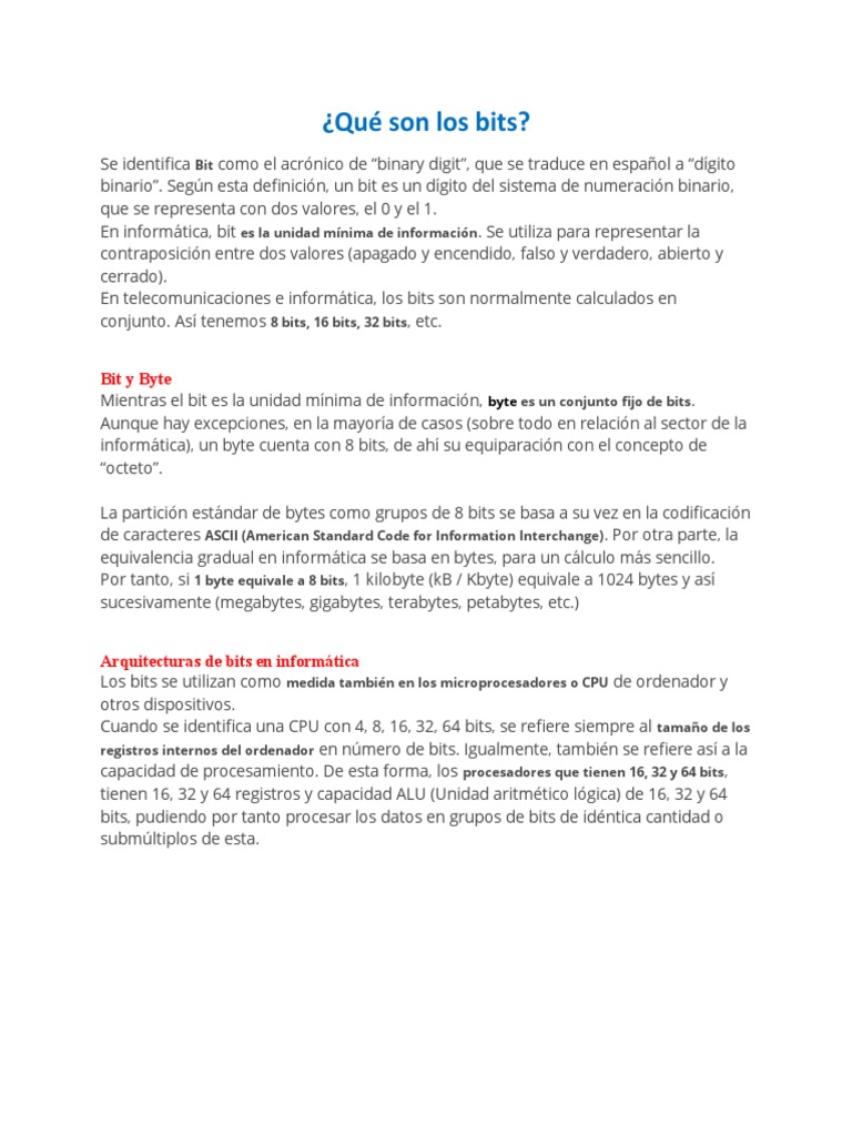 Definición y Medidas de Bits en Informática | PDF | Poco | Byte