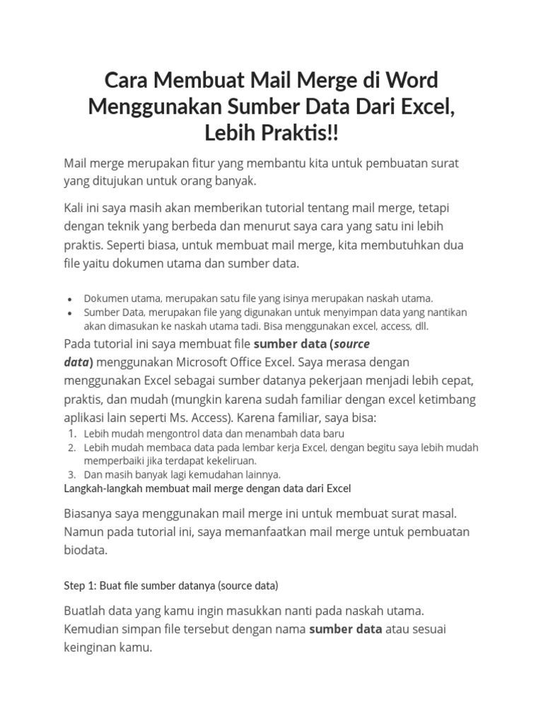 Cara Membuat Mail Merge Di Word Menggunakan Sumber Data Dari Excel | PDF