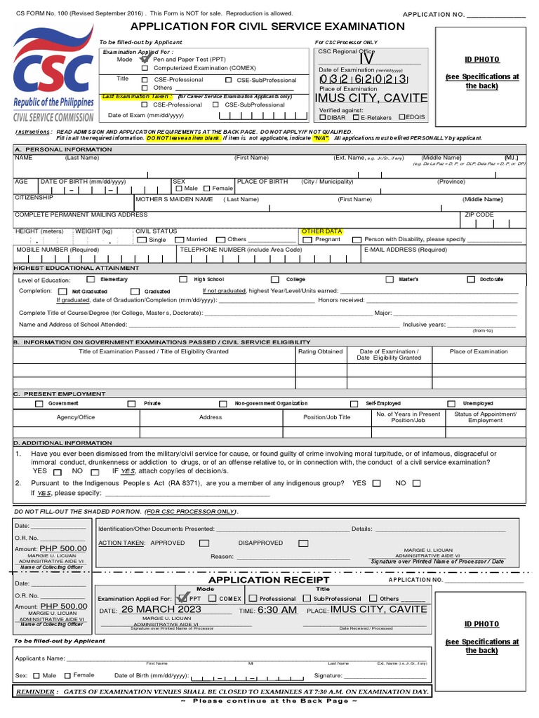 CS Form 100 - Revised September 2016 | PDF | Identity Document | Government