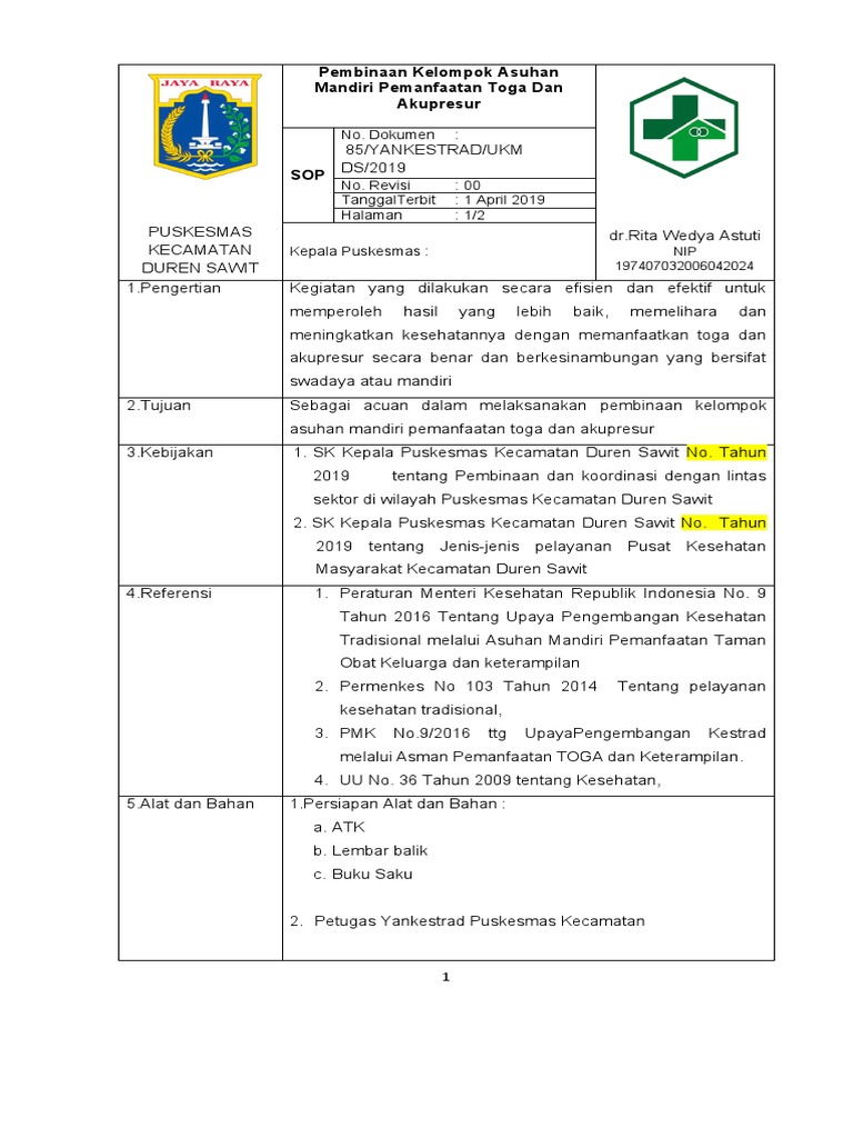 SOP Pembinaan Kelompok Asuhan Mandiri Pemanfaatan Toga Dan Akupresur | PDF