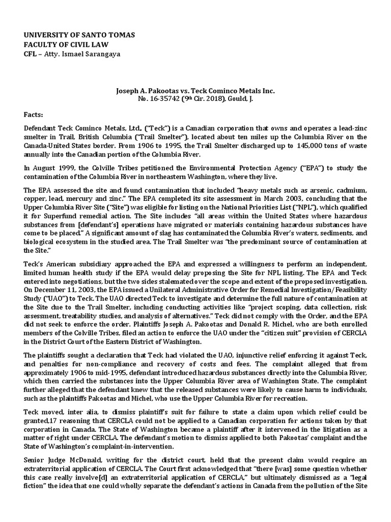 Pakootas vs. Teck Cominco Mines | PDF | Superfund | Lawsuit