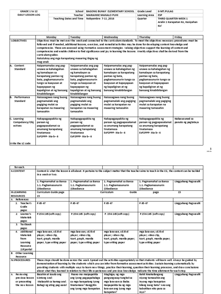 3Rd Quarter Week 1 Esp November 7 11 2016 by Marianne Manalo Puhi | PDF