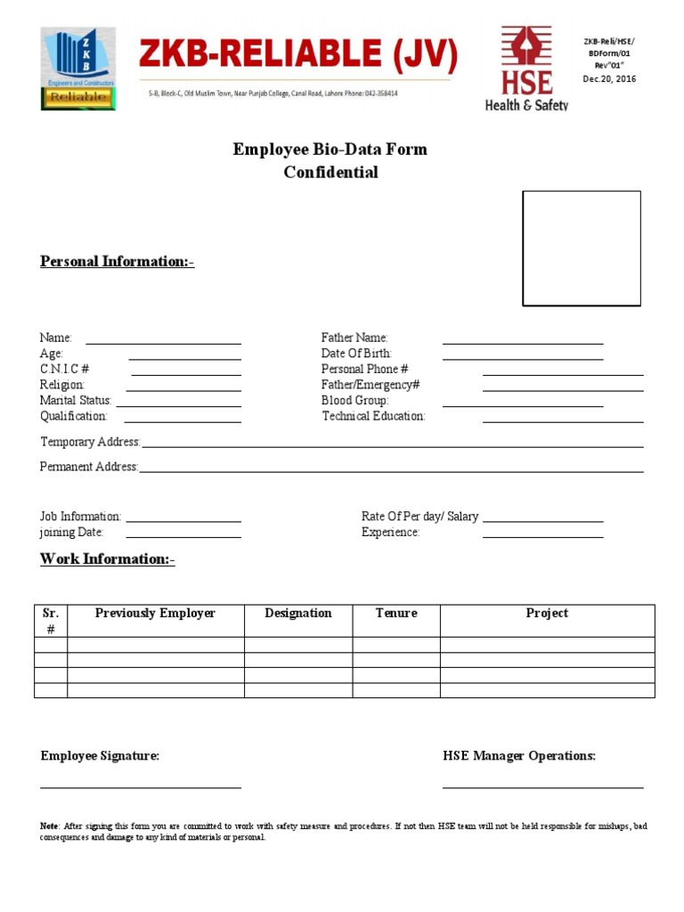 [Employee Bio-Data Form] | PDF