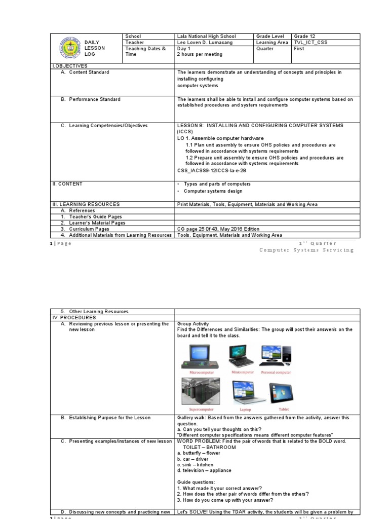 CSS - 1st Sem - 1st Quarter - DLL | PDF | Learning | Teachers