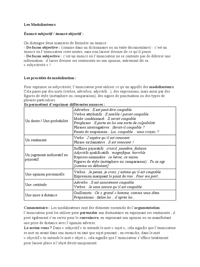 Les Modalisateurs | PDF | Phrase | Sémiotique