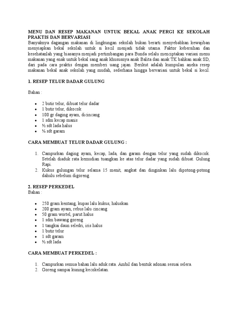 Menu Dan Resep Makanan Untuk Bekal Anak Pergi Ke Sekolah Praktis Dan ...
