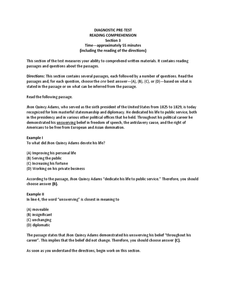 Reading Comprehension Diagnostic Pre-Test Section 3 | PDF | Typewriter ...