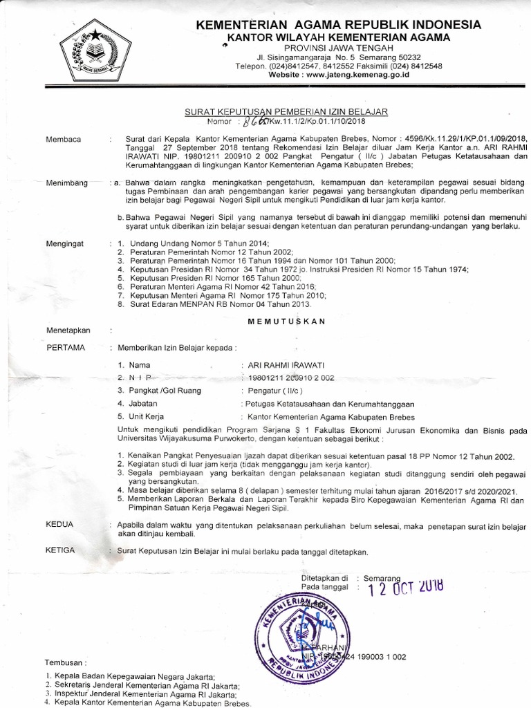 Izin Belajar PNS Kemenag Brebes | PDF
