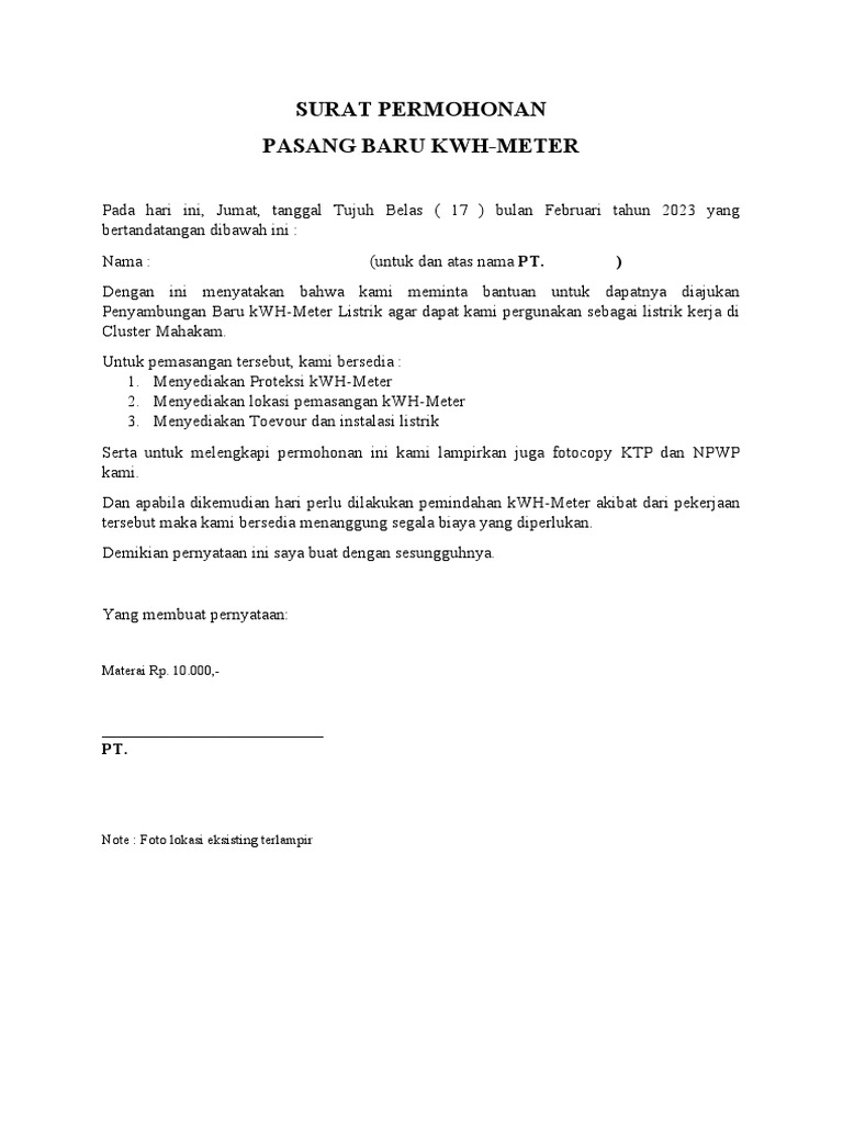 Permohonan Pasang Baru KWH-Meter | PDF
