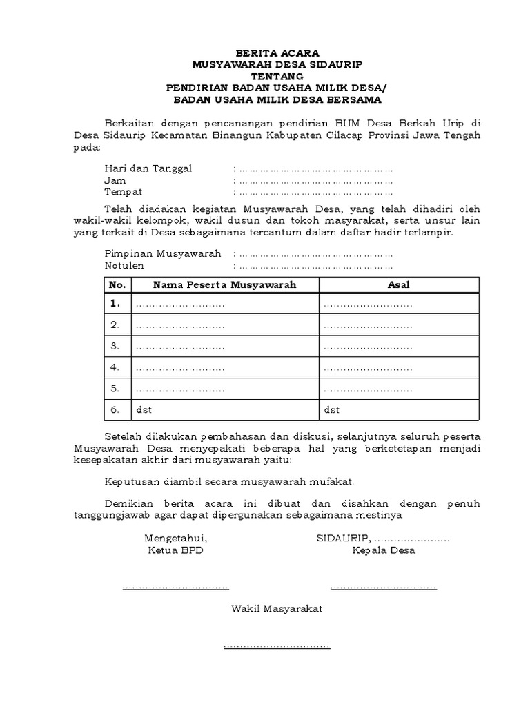 BA. Musdes Pendirian BUM Desa (Terbaru) | PDF