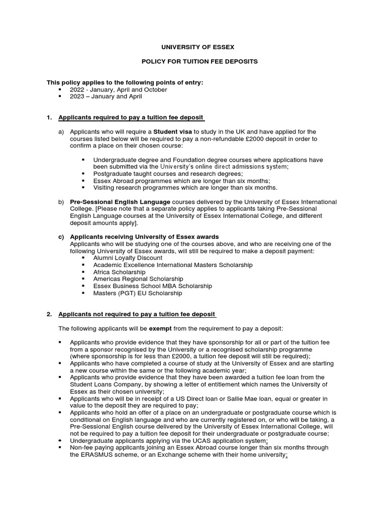 Essex Tuition Fee Deposit Policy | PDF | Payments | Postgraduate Education