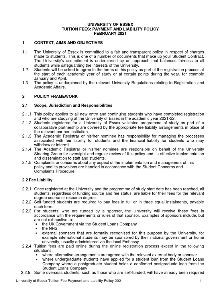 The University's Tuition Fees Payment and Liability Policy 2022 (6787 ...