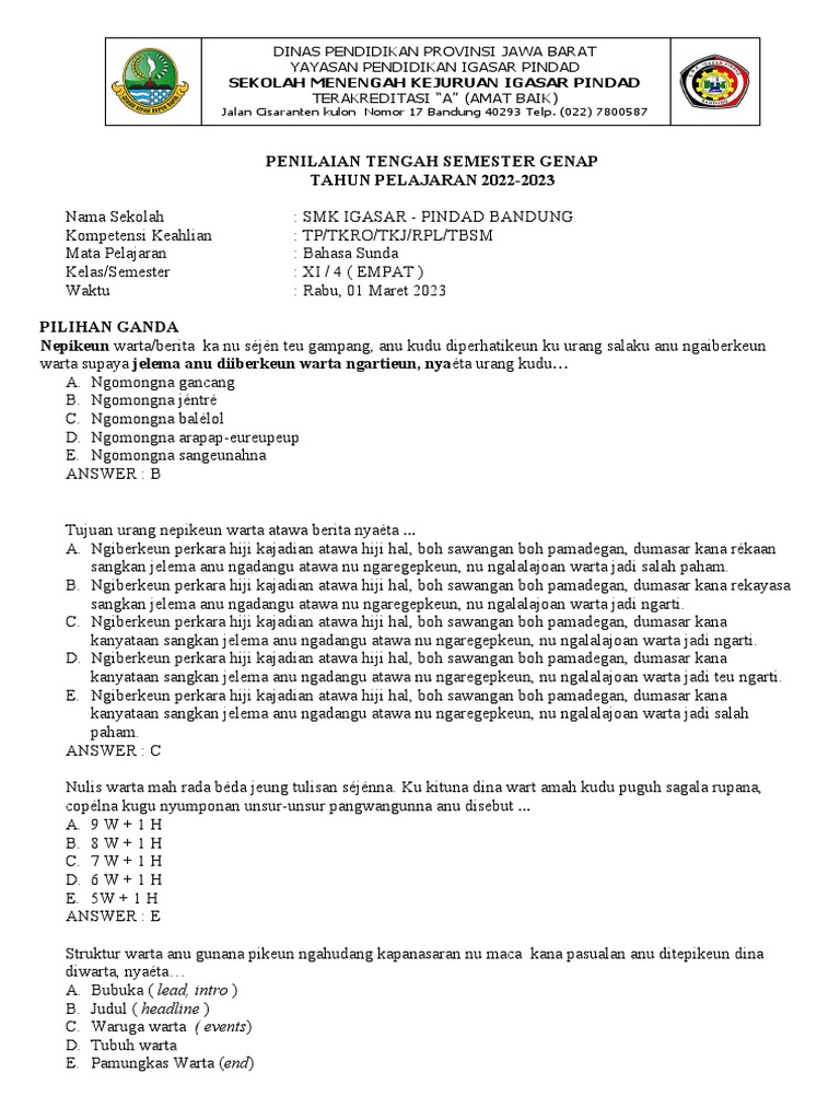 Format Lembar Soal Pas Xi Sunda Des 2022 Siap Pdf