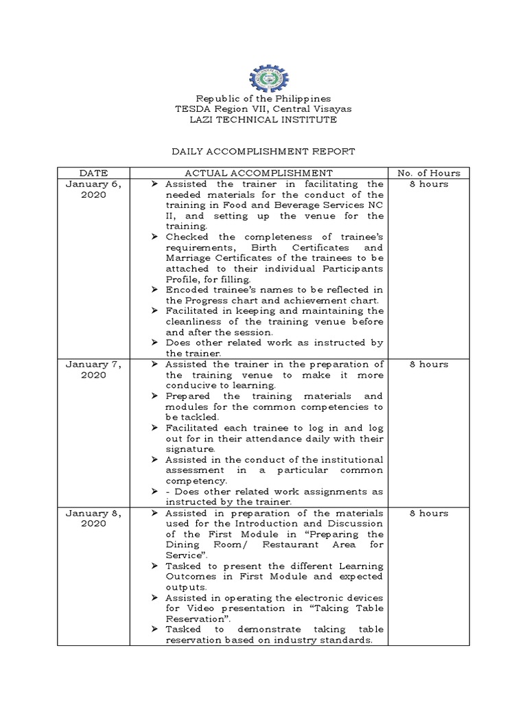 Accomplishment Report Food and Beverage Services NC 2 | PDF | Learning ...