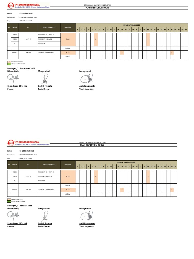 Tahun 2023 - Plan Inspeksi Tools | PDF