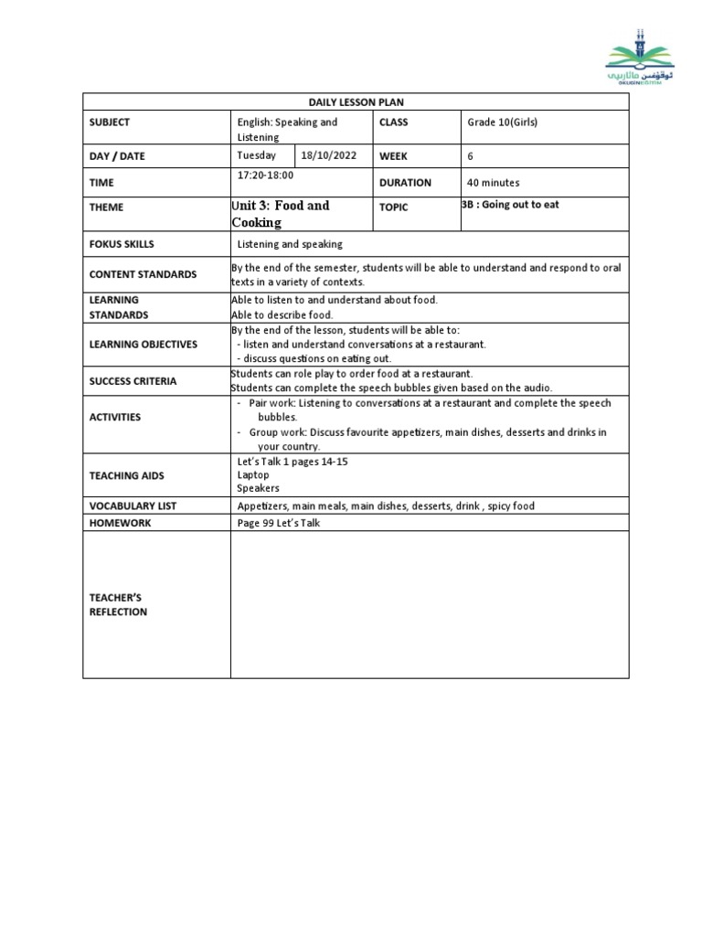 Daily Lesson Plan Week 6 Sem 1 Sept 2022 | PDF | Lesson Plan | Linguistics