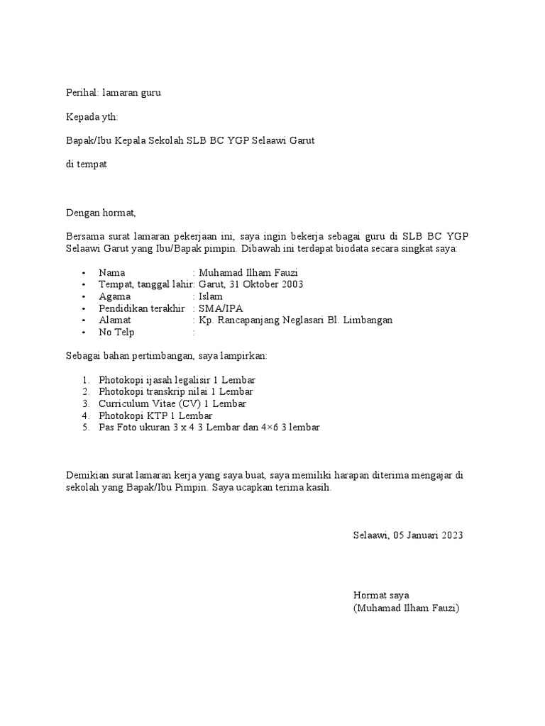 Contoh Surat Lamaran Kerja Guru SD | PDF