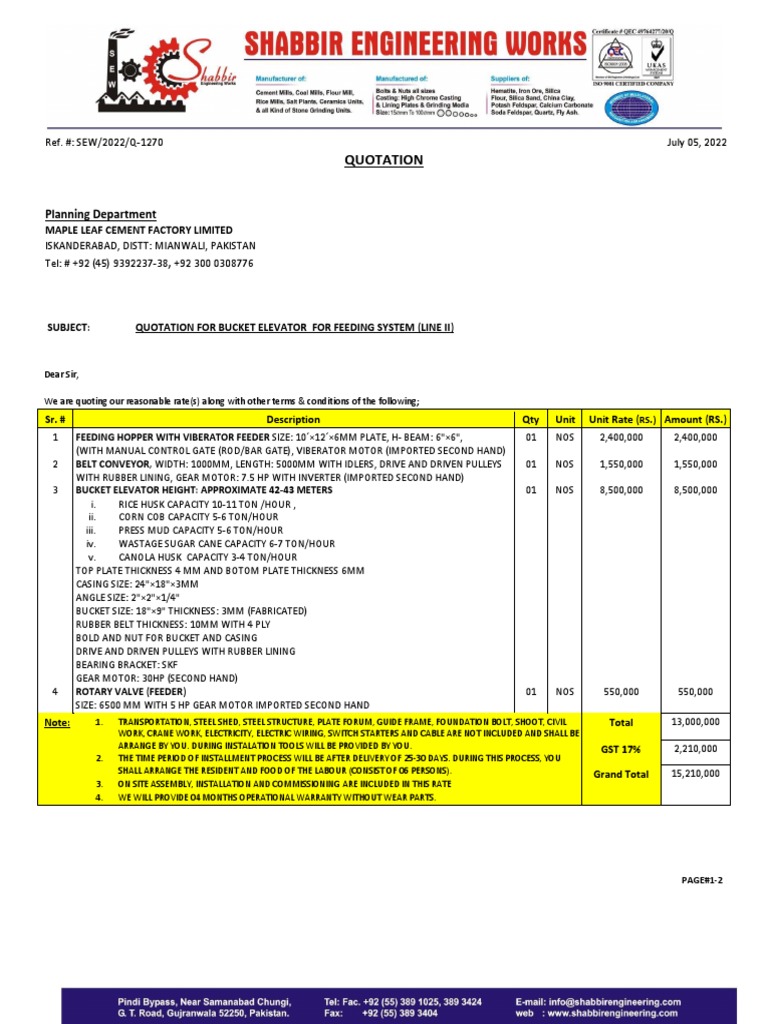 Q-1256 Bucket Elevator For Line 2 - F | PDF | Belt (Mechanical) | Payments