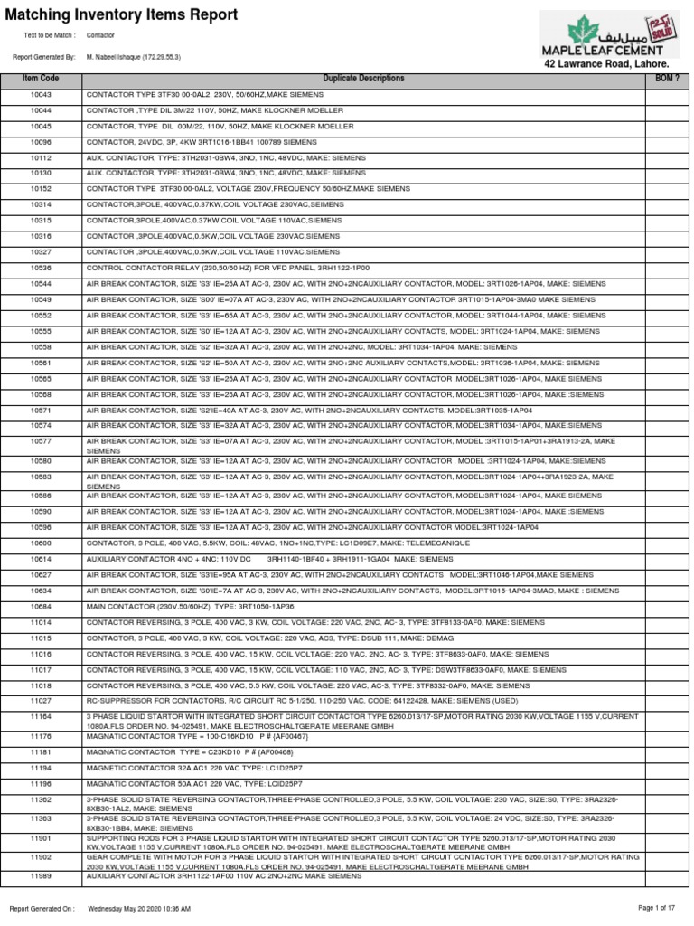 Matching Inventory Report for Contactor | PDF
