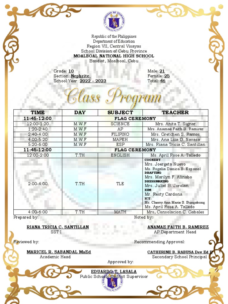 Moalboal National High School Class Schedule | PDF | Gemstone