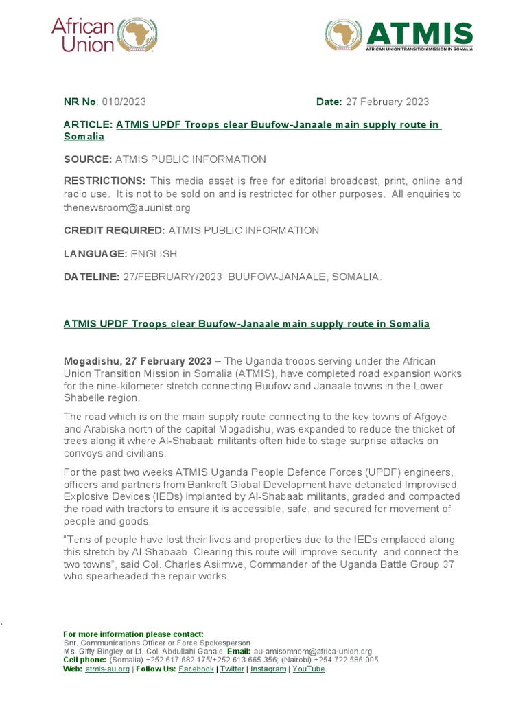 ATMIS UPDF Troops Clear Buufow-Janaale Main Supply Route in Somalia ...