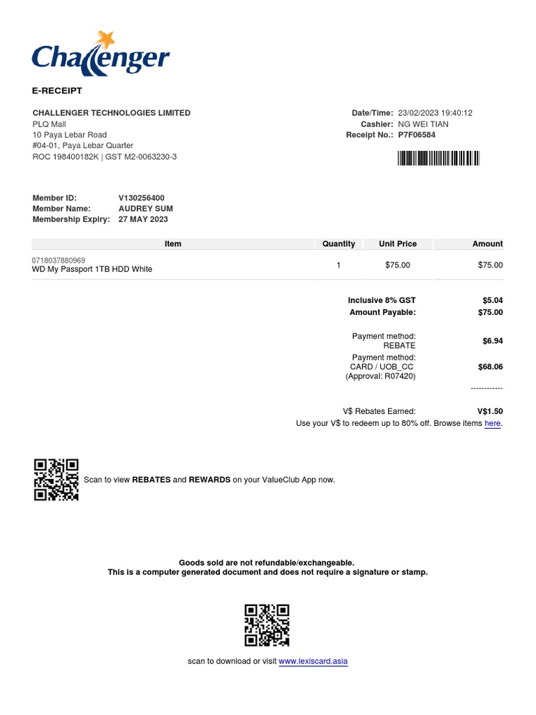 E-Receipt: Challenger Technologies Limited Date/Time: Cashier: Receipt ...