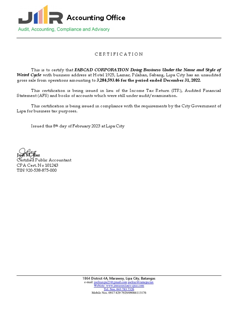 Gross Reciept Cert - FABCAD | PDF | Certified Public Accountant ...