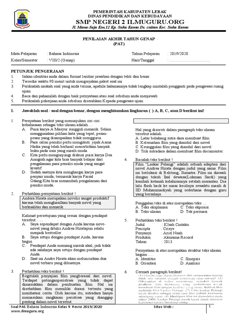 Ilmuguru - Org - Soal PAT Bahasa Indonesia Kelas 8 Tahun 2020 | PDF | Seni & Disiplin Bahasa ...