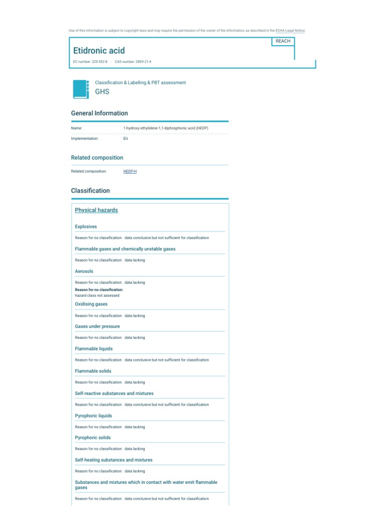 HEDP Registration Dossier - ECHA | PDF | Toxicity | Hazards
